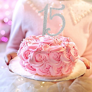 Ella Celebration 15 Cake Topper 15th Birthday Anniversary Quinceañera Party Supplies Rhinestone Number Decoration (Silver)