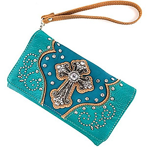 Justin West Floral Studs Laser Cut Western Rhinestone Cross Handbag Purse Conceal Carry (Turquoise Handbag Wallet Set)