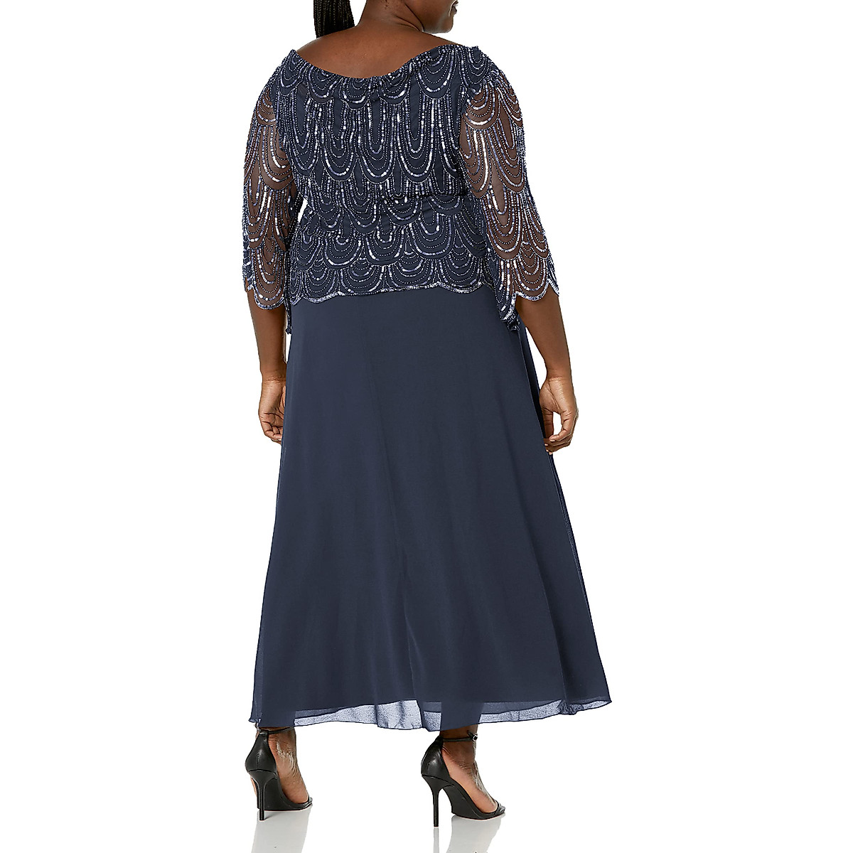 J Kara Women's Plus Size 3/4 Scallop Beaded Pop Over Gown, Navy/Mercury, 24W