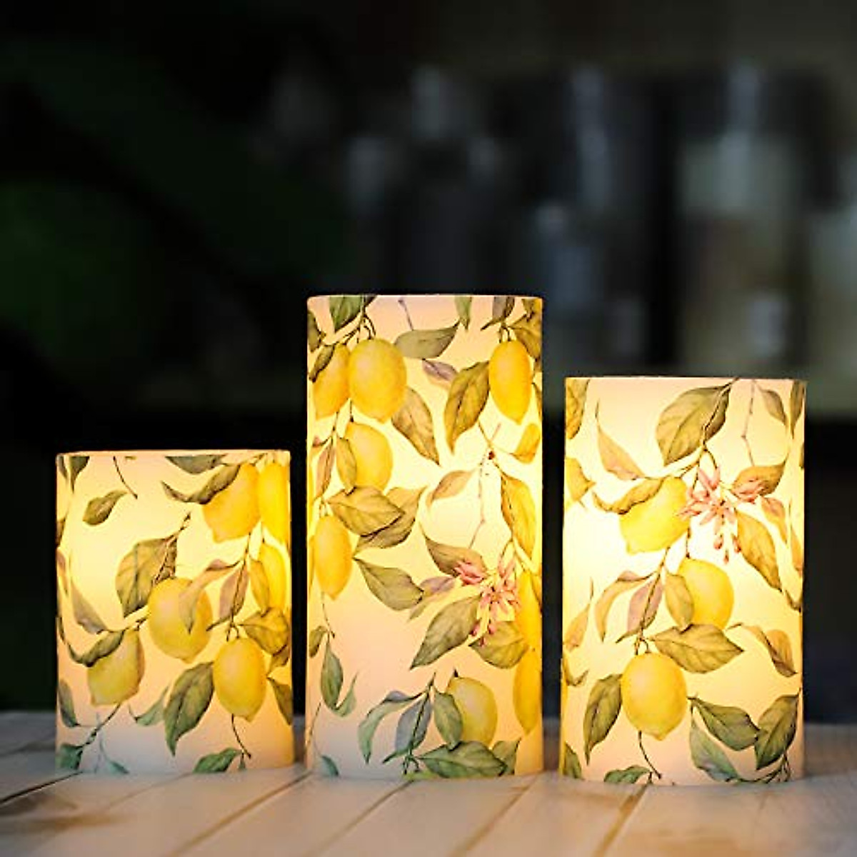 Silverstro Lemon Flameless Candles with 10-Key Remote, Lemon Tree Decal Real Wax LED Candles, Flickering Battery Operated Candles for Room Christmas Party Home Botanical Decor - Set of 3