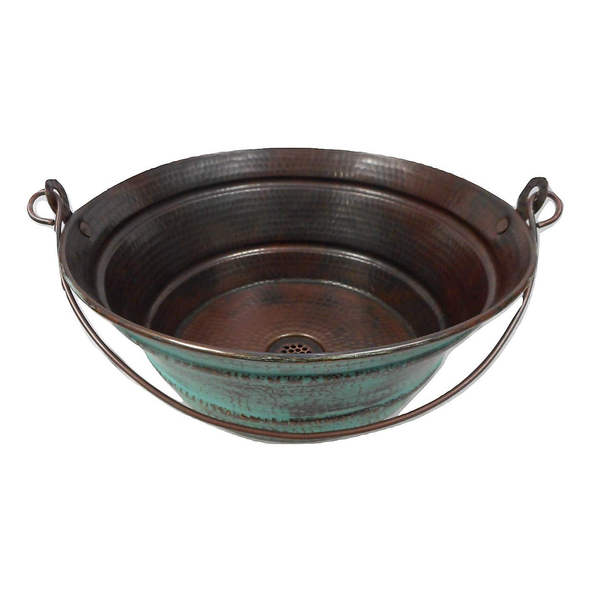 SimplyCopper 15" Round Vintage Look Copper Bucket Vessel Sink with GREEN Patina with Drain and 13" ORB Clayborne Vessel Filler Faucet
