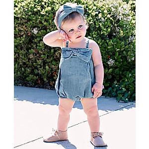 RuffleButts® Baby/Toddler Girls Light Wash Denim Bow-Front Bubble Romper - 3-6m