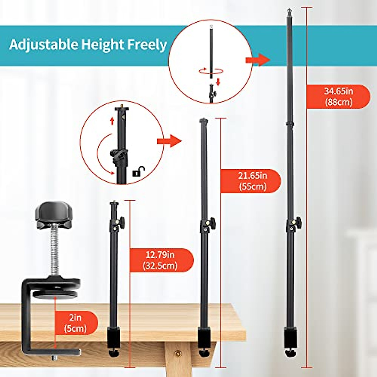 JEBUTU Overhead Camera Mount Desk Stand with 360° Adjustable Holding Arm, Flexible Phone Stand with 360° Ballhead and Phone Mount Holder, Boom Stand for Microphone, Video Light, Webcam, Cell Phone