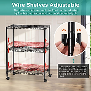 FDW 3-Shelf Adjustable,Storage Shelves Wire Shelving Shelving Unit Metal Shelves Storage Shelf with Wheels,13" D x 23" W x 31" H,Black