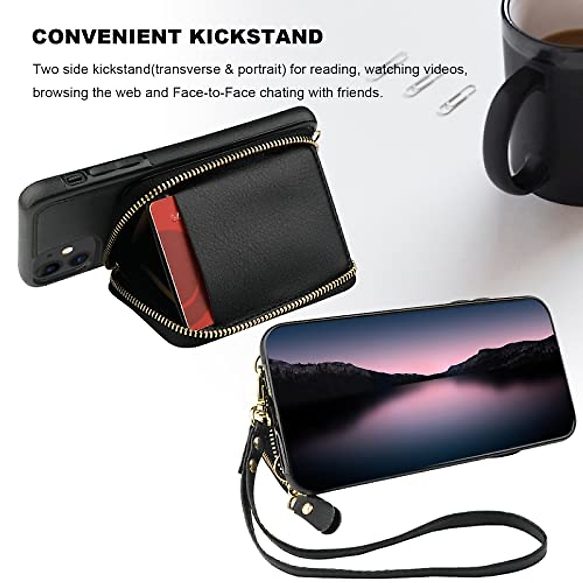 Bocasal RFID Blocking Wallet Case for iPhone 11, Adjustable Crossbody Zipper Purse Case Card Holder with Kickstand Detachable Wrist Strap, PU Leather Flip Folio Case 6.1 Inch (Black)