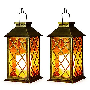 Solar Lanterns Outdoor Waterproof Decor - OxyLED 2 Pack 12 Inch Retro Lantern with Hanging Handle Flickering Flameless Candle Mission Lights for Garden Patio Yard Table Fence Porch