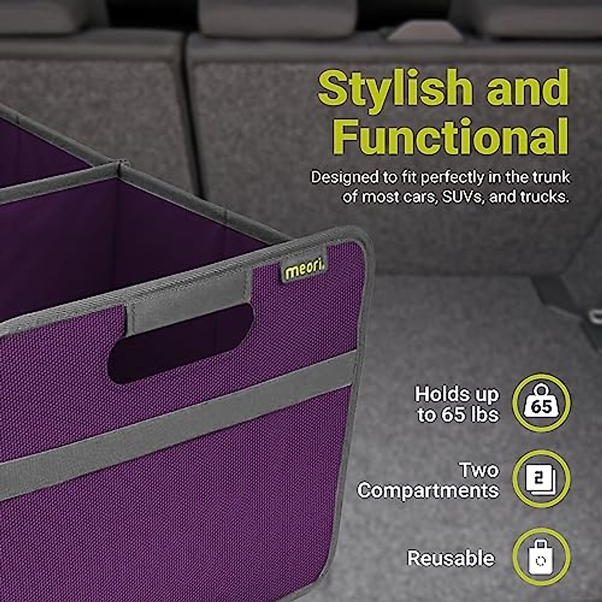 meori Large Trunk Organizer for Groceries Collapsible Midnight Magenta Storage Car SUV 2 Compartments