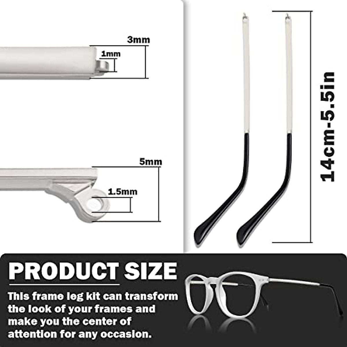 1 Pair Metal Eyeglass Replacement Arm, Eyewear Frame Temple Replacement Universal Sunglasses Arm Legs Replacement for Thin Metal Glasses, Sunglasses（Silver）