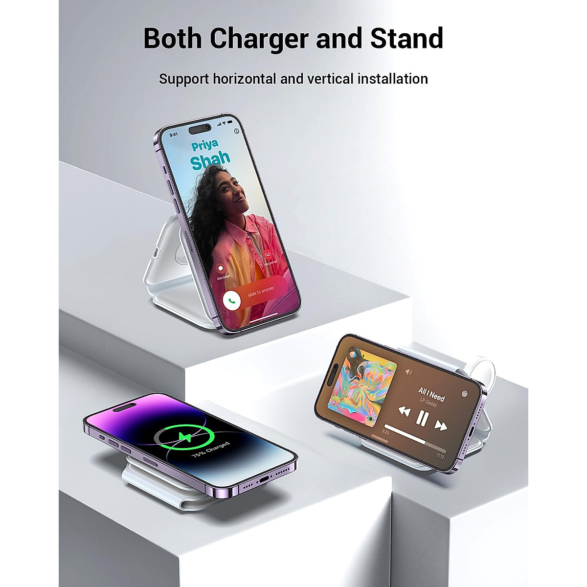 Wireless Charger, Magnetic Foldable 3 in 1 Mag-Safe Charger, Fast Travel Wireless Charging Station for iPhone 15/14/13/12/ Series,for iWatch,for AirPods (Adapter Included)