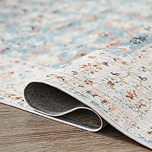 COLLACT Runner Rug 2x5 Area Rug Persian Rug Door Mat Vintage Distressed Rug Entrance Mat Foldable Thin Rug Blue Floral Print Carpet Non Slip Boho Farmhouse Kitchen Living Room Bedroom Dining Room