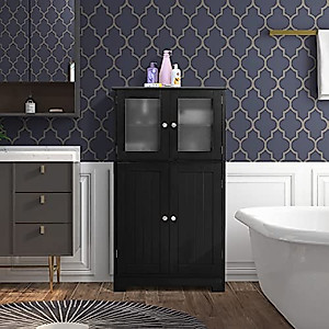Tangkula Bathroom Floor Cabinet, Freestanding Storage Cabinet w/Glass Doors, Wood Kitchen Cupboard w/Adjustable Shelf, Bathroom Storage Cabinet for Hallway Living Room Office (Cabinets, Black)