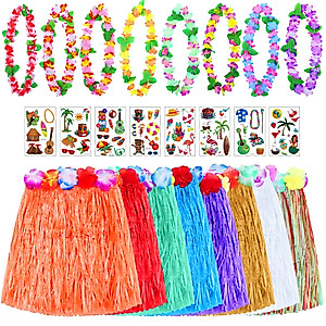 Elcoho 24 Pack Hawaiian Leis Set 8 Pack Hawaiian Grass Skirt 8 Pack Hawaiian Necklaces and 8 Pack Luau Temporary Tattoos for Hawaiian Party Decorations