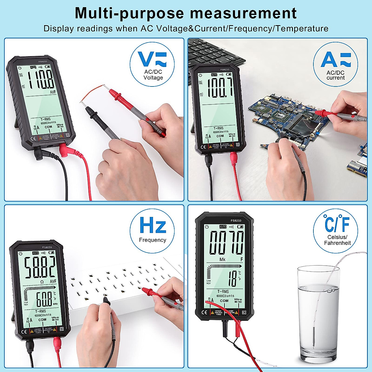 BlumWay 4.7 Inch LCD Digital Multimeter TRMS 6000 Counts Voltmeter Auto-Ranging Fast Measures Voltage Current Amp Resistance Diodes Continuity Duty-Cycle Capacitance Temperature for Automotive