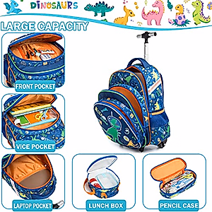 Meetbelify Boys Dinosaur Rolling Backpack Kids Backpacks with Wheels for School Bags Luggage
