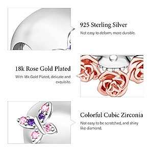 GNOCE Women's Sugar Skull Charm 925 Silver with Butterfly and Rose Gold Flowers Bracelets Charm for Women fit Bracelets Necklaces (Blooming)