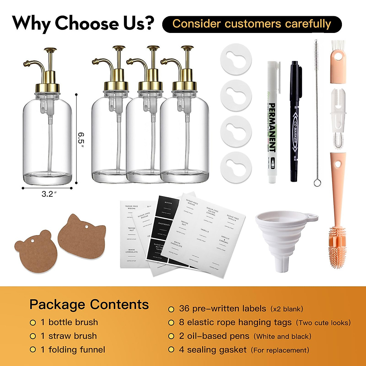 CNWSGEM Coffee Syrup Dispenser,Coffee Bar Accessories,4-Pack,16.9 Ounce,Syrup Dispenser for Coffee Bar,Syrup Dispenser with Pump,Contains Multi-style Labels, Cleaning Tools, Funnel,Pen