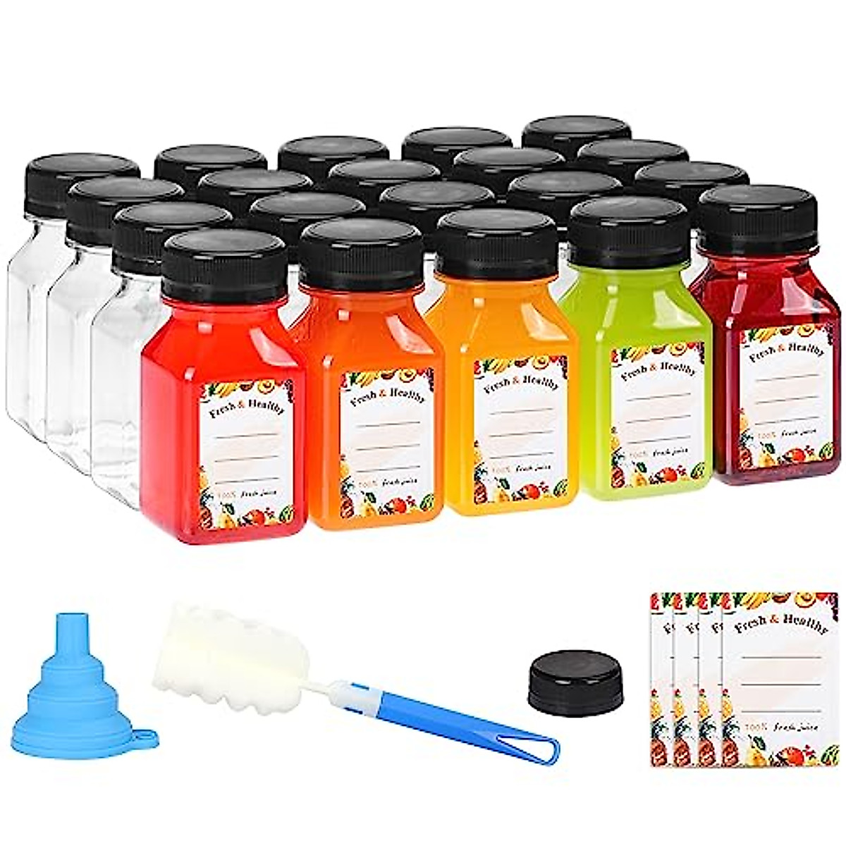 Moretoes 20pcs 4oz Small Juice Bottles Mini Plastic Bottles for Liquids, Empty Ginger Bottles with Caps Reusable Water Containers with Tamper Proof Lids Black for Milk Smoothies and Other Beverages