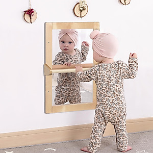 KRAND Baby Montessori Wooden Frame Non-Shatter Safety Mirror w/ 2 Pull Up Bars, Infant Coordination Small Mirror for 6-18 Months (Natural)