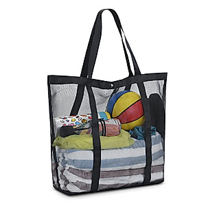 sphaiya Mesh Beach Bag - Durable Tote Bag- Simply lightweight for Shopping Groceries Sports Gym Swimming Pool Travel Tote Bag (Black, X-Large)