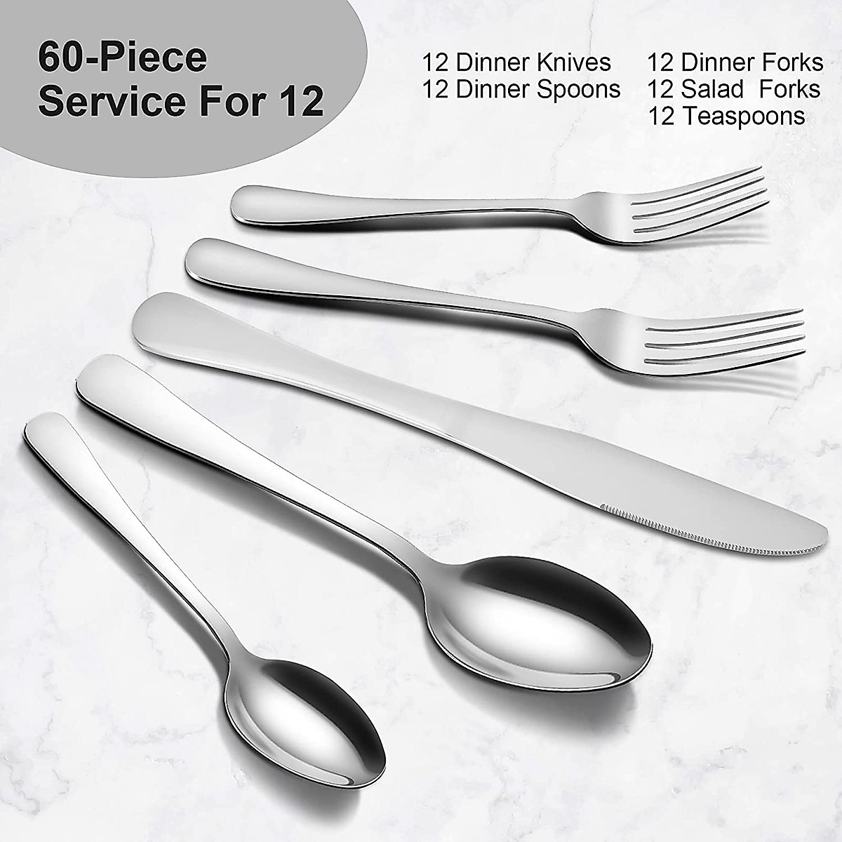 60 piece Forks and Spoons Silverware Set, Flatware Sets, Mirrored Stainless Steel Cutlery Set, Spoons Forks and Knives Set Service for 12