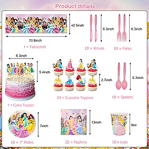BOSMAT Princess Birthday Decorations, Princess Party Supplies Includes Balloons, Happy Birthday Banner, Cake＆Cupcake Topper, Plates, Napkins, Cup, Tablecloth , Foil Balloon and Backdrop