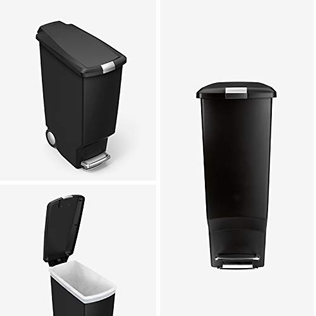 simplehuman 40 Liter / 10.6 Gallon Slim Kitchen Step Trash Can With Secure Slide Lock, Black Plastic