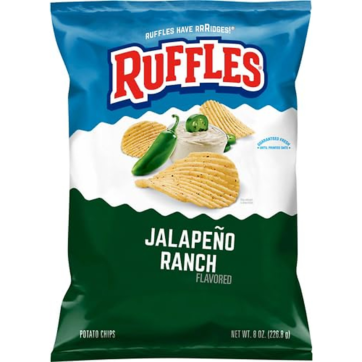 Ruffles Potato Chips, Jalapeno Ranch Flavored Snacks, 8 Oz Bag