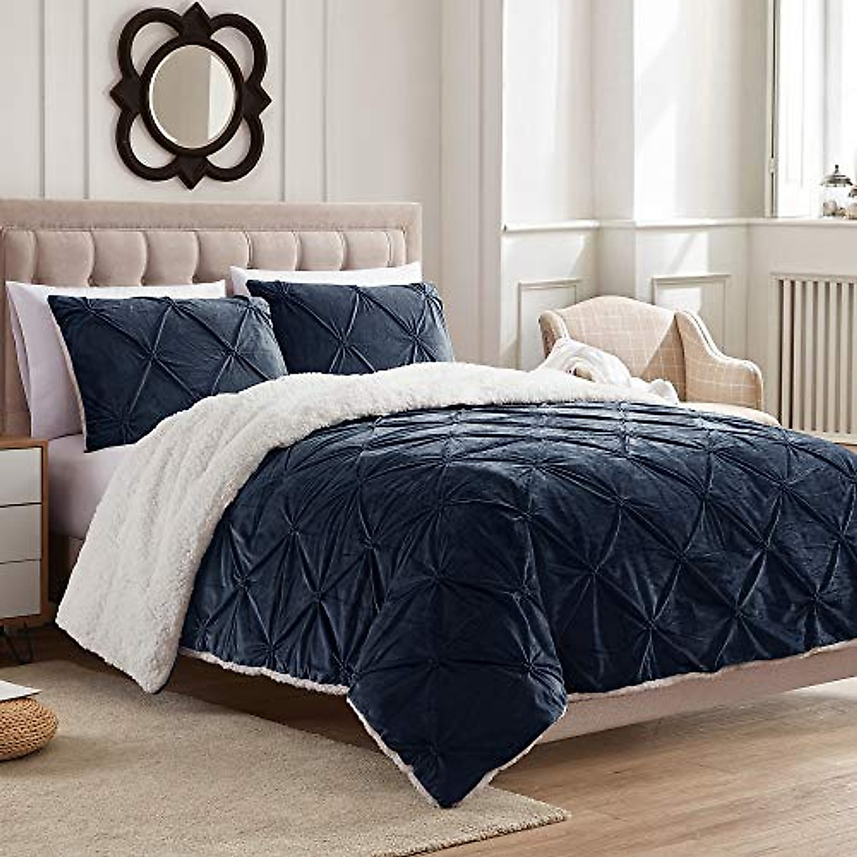 Sweet Home Collection Comforter Set 3 Piece Sherpa Pintuck Pinch Pleat Soft Luxurious Plush All Season Warm with 2 Shams