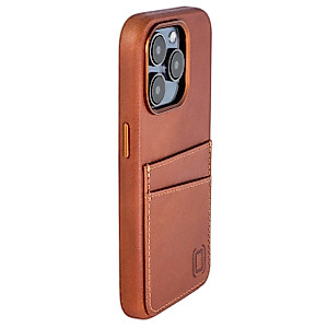 Dockem Genuine Leather Card Case for iPhone 15 Pro with Built-in Metal Plate for Magnetic Mounting, Stitched-on Wallet with 2 Credit Card Pockets (Light Brown, M2GL)