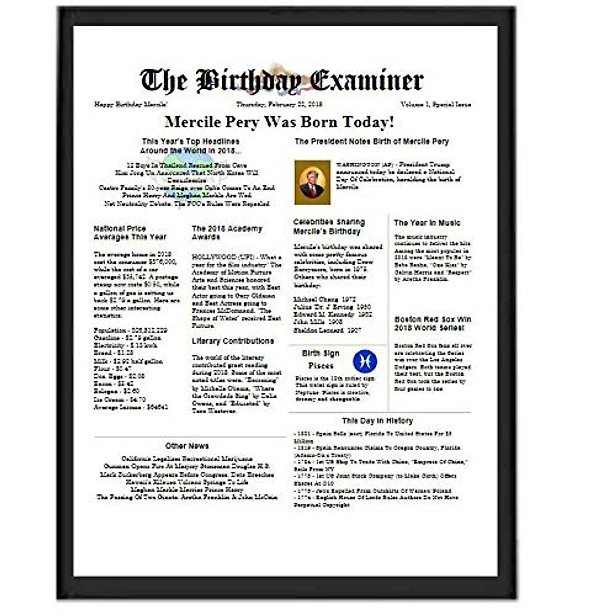 Historical Customized Personal Birthday Examiner Newspaper Chronical Art Print for the Day You Were Born from 1900 to 2020