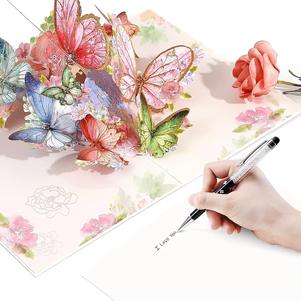 GUAGUA Colorful Butterfly Birthday Card, 3D Greeting Pop up Card with Envelopes for Any Occasion, Birthday Valentines Day Thank You Foldable Dazzle Butterfly Greeting Card for Girls Women Friends Gift