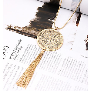 MOLOCH Long Necklaces for Woman Disk Circle Pendant Necklaces Tassel Fringe Necklace Set Statement Pendant (Gold)