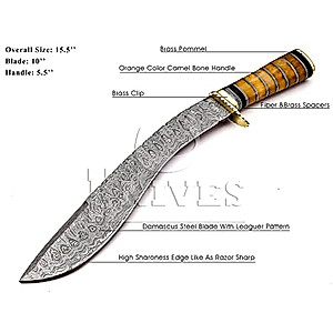 NoonKnives:16" totally custom Hand Made Damascus Steel Collectible kukri Knife Handle colour Camel Bone (orange)