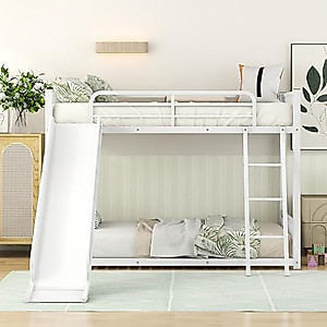 BOVZA Twin Over Twin Low Bunk Bed with Slide, Metal Bunk Bed Frame with Metal Slats Support and Guardrails for Kids Boys Girls Teens, No Box Spring Needed, White