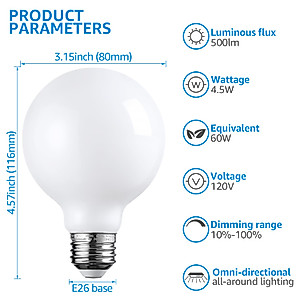 TORCHSTAR G25 Globe Light Bulbs LED Dimmable, Round Frosted Vanity Light Bulb for Bathroom, LED Edison Bulb, 4.5W(60W Eqv.), UL & Energy Star Listed, 500lm, E26 Base, 2700K Soft White, Pack of 6