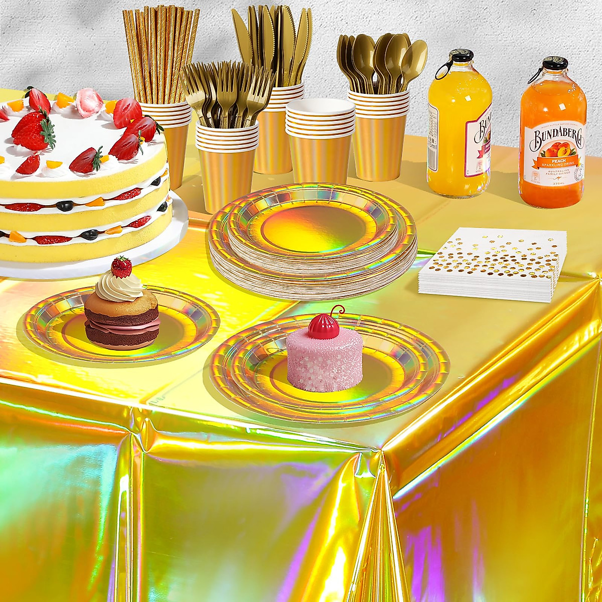 Iridescent Gold Party Supplies Decorations Serve 50, Holographic Gold Paper Plates and Napkins, Disposable Iridescent Party Plates Cups Napkins for Wedding Anniversary Birthday Bridal Shower Party