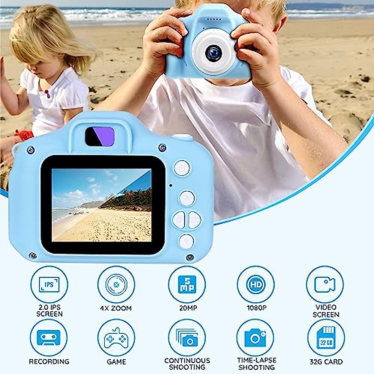 Kids Digital Camera, Toddler Camera, Kid Camera with 2 Inch Screen and 32Gb SD Card, Camera for Kids, Toys for 5 Year Old Girls, Birthday Gifts Christmas Toy for 3 4 5 6 7 8 Childs Boys(Blue)