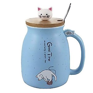 F FINEC 15oz Cute Cat Ceramic Mug, 450ml Milk Coffee Tea Cup With Spoon And Three-dimensional kitty Wood Lid, Heat-Resistant Cartoon Kitten Mugs For Children Office Lovers Gifts