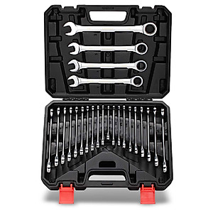RIMKOLO 24-Piece Ratchet Wrenches Chrome Vanadium Steel Ratcheting Wrench Set with Metric and SAE 72-Tooth Box End and Open End Standard Wrench Set with Organizer Box