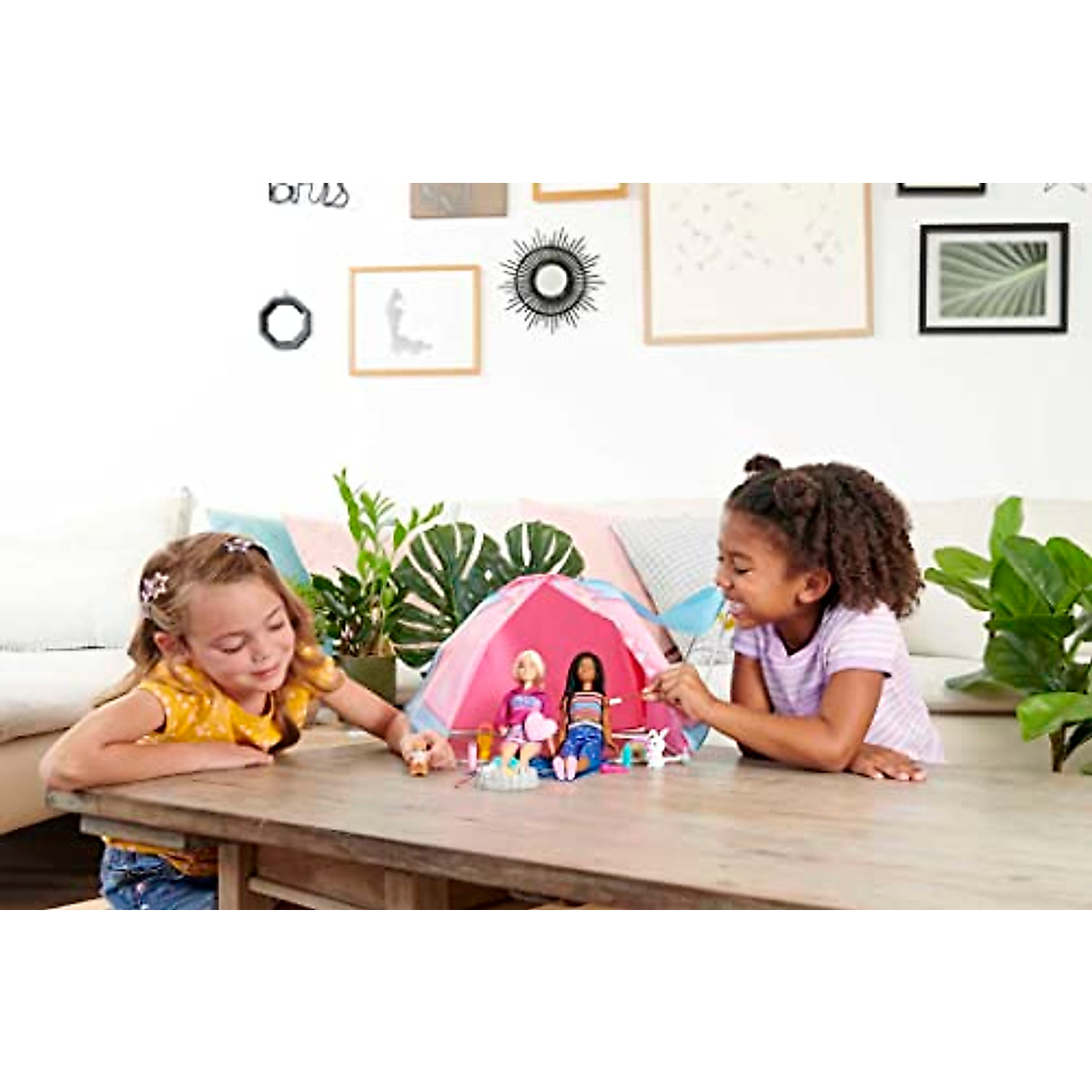 Barbie It Takes Two Dolls & 20 Accessories, Let's Go Camping Tent Playset with Brooklyn & Malibu Dolls & 2 Moving Animals