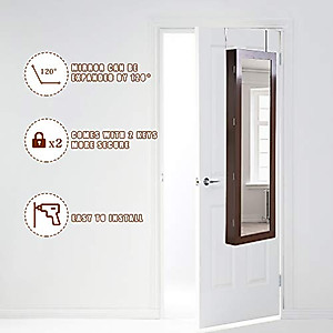 FDW Jewelry Cabinet 47.3" H Wall/Door Mounted Lockable Jewelry Armoire With 2 Drawers 6 Shelves 43.3"×10.6" Mirror High Capacity Jewelry Organizer, Brown