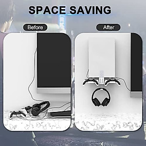 BELOPERA Ps5/Ps4 Wall Mount kit, 6-in-1 PS5 (Disc and Digital) Metal Wall Mount Stand with 2 Detachable Controller Hanging Bracket/Headset Hanger/Remote Box/Charging Cable – White