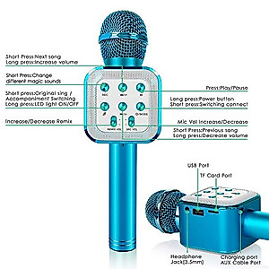 KIDWILL Wireless Bluetooth Karaoke Microphone for Kids, 5-in-1 Portable Handheld Karaoke Mic Speaker Player Recorder with LED Lights for Kids Girls Boys Teens Birthday (1818-Blue)