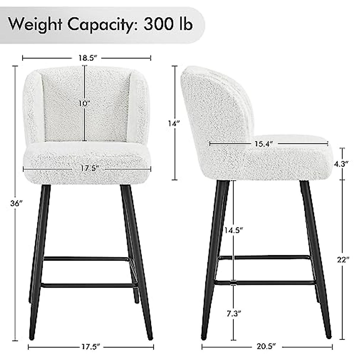 Yaheetech Bar Stools Set of 4 Boucle Fabric Upholstered Counter Height Stools Armless Kitchen Island Stools with Black Metal Legs for Pub Club Kitchen, White