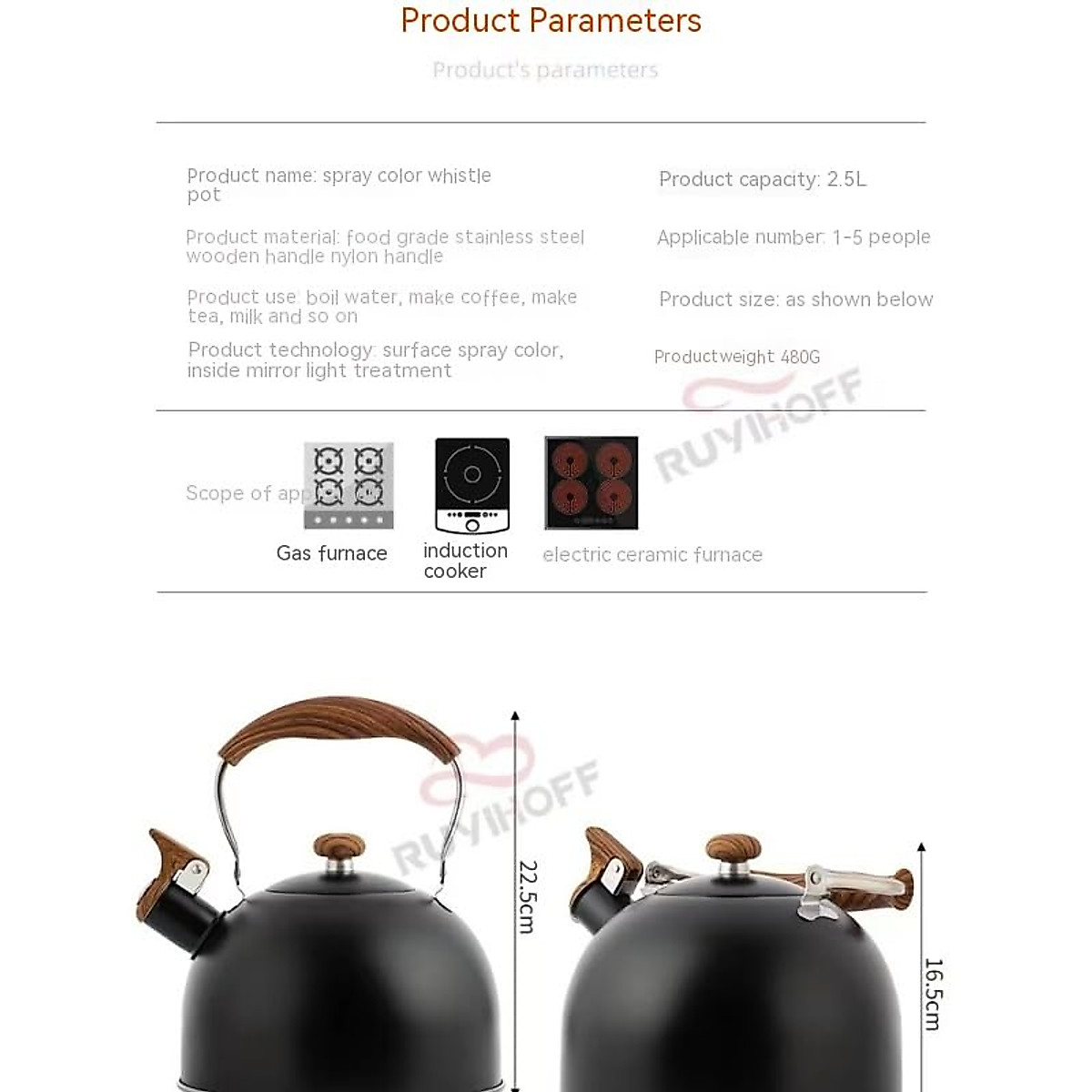 Teapot HExeh whistle kettle Amazon black chirping kettle wish coffee tea kettle 2.5LHigh-Quality Stainless Steel Whistling Kettle - Safe, Convenient, and Efficient Boiling Toolcoffee