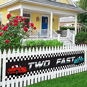 Black And White Two Fast Large Banner Sign Backdrop,Happy 2nd Birthday Party Banner,Happy 2 Years Old Birthday Party Decor,Checkerboard 2 Years Old Banner 9.8x1.6ft