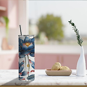 Medpol Blue Lotus tumbler with lid and straw 20 oz insulated tumbler cups Blue Lotus insulated travel coffee mugs for women cute sippy cups stainless insulated travel cups