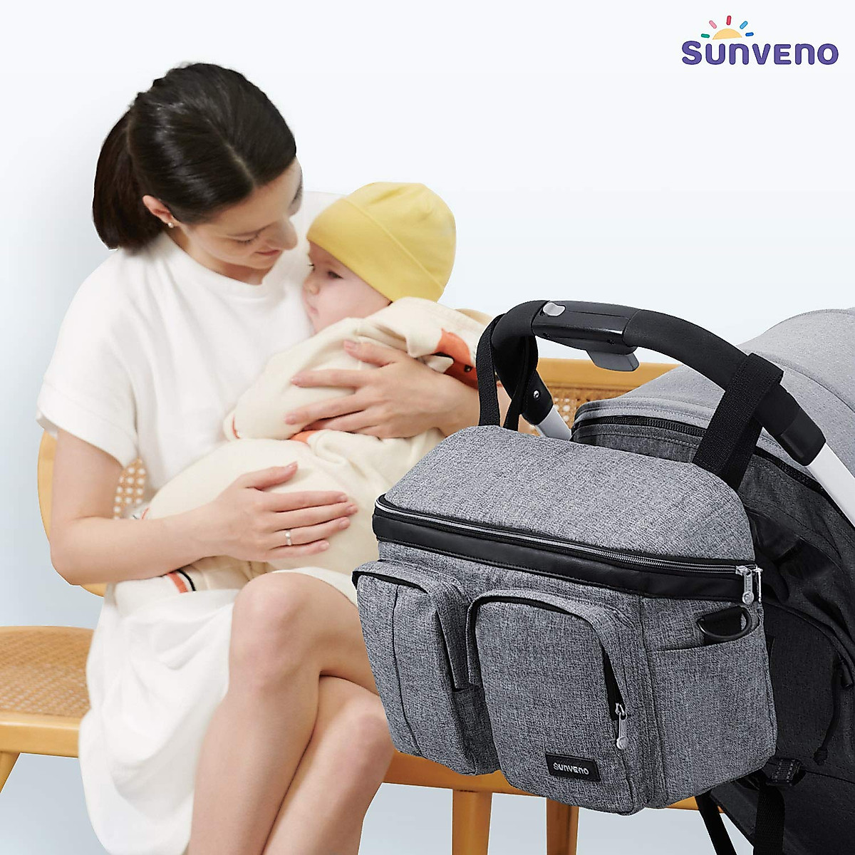 SUNVENO Universal Stroller Organizer and Storage with Mesh Compartment, Grey