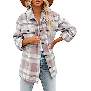 Dokotoo Womens Flannel Shirt Fashion Plaid Button Down Long Sleeve Shirts for Women Turn Down Collared Shacket Jacket Comfy Winter Coats for Ladies Tops with Pockets Pink Large