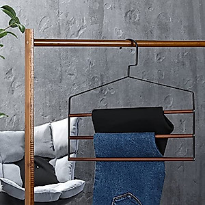 KLEVERISE 2 Pack Wooden Pants Hangers - 3 Tiers Space Saving Non-Slip Multi-Layer Wood Pants Hangers - Space Saver Hangers for Pants Jeans Scarf Trouser Tie Towel Clothes Black